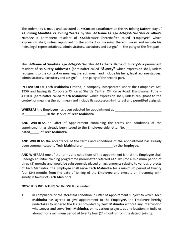 Indemnity Bond With Surety | PDF | Surety | Indemnity