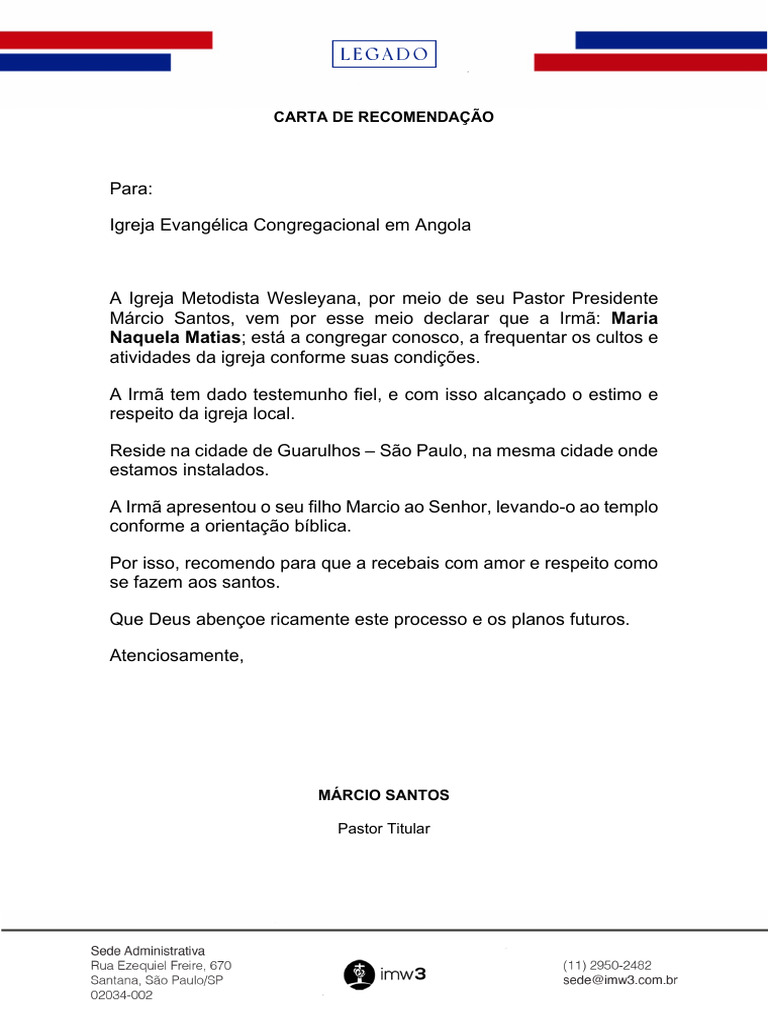 Carta de Recomendação para Maria Matias | PDF