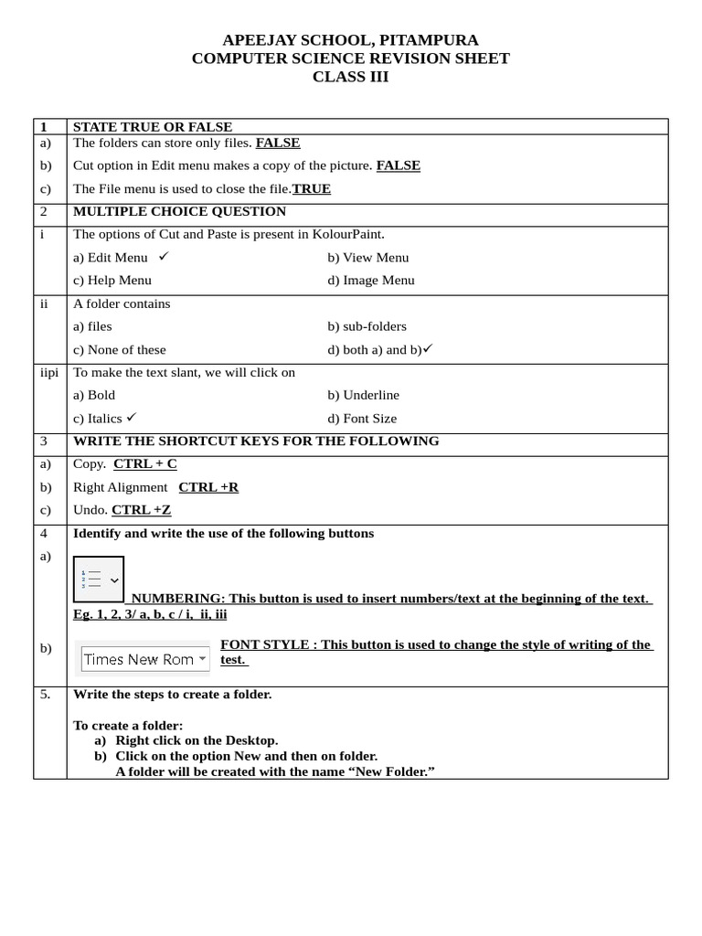Revision Sheet Class III Answer Key | PDF