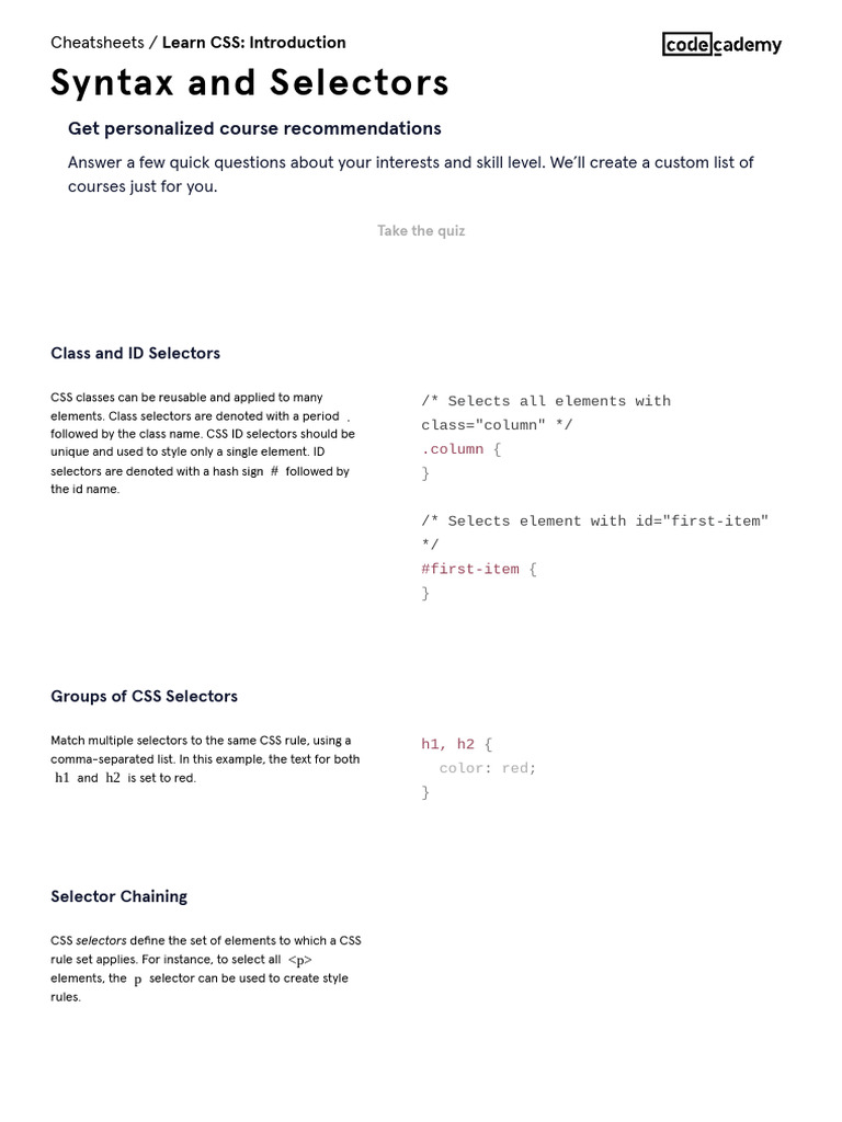 Learn CSS - Introduction - Syntax and Selectors Cheatsheet - Codecademy | PDF | Html Element | Html