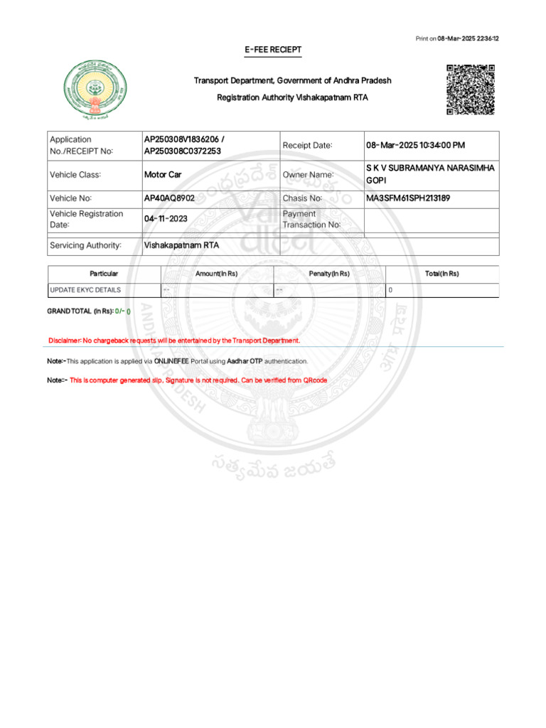 Vahan 4.0 (Citizen Services) Sp-Morth-Ws03 175 8001 | PDF