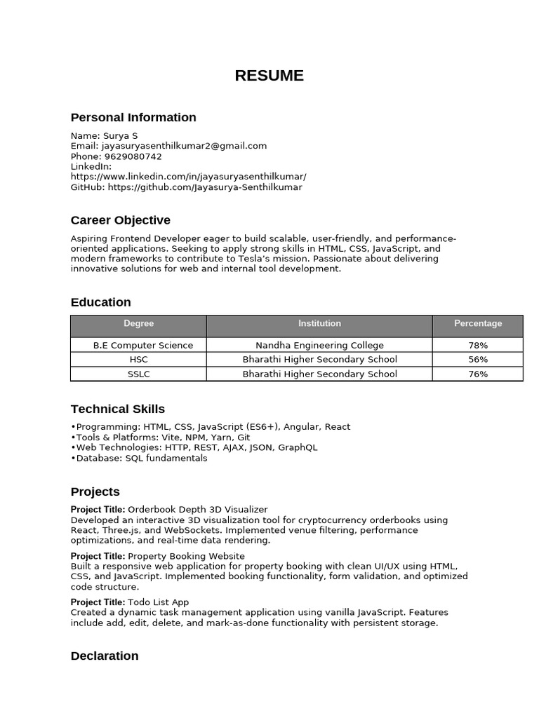 Frontend Developer Resume - Surya S | PDF