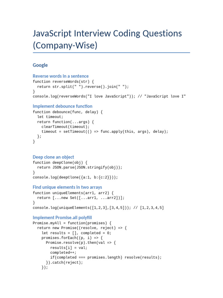 JavaScript Coding Questions by Company | PDF | Computing | Software ...