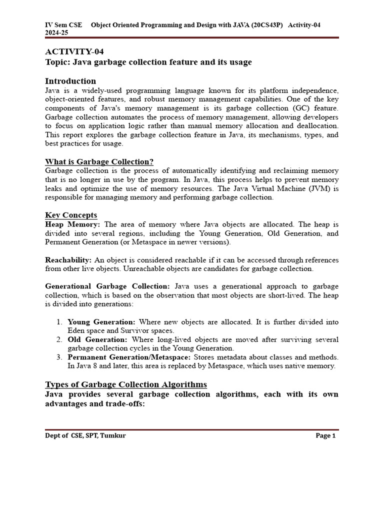Activity-04 Topic: Java Garbage Collection Feature and Its Usage | PDF | Java (Programming ...
