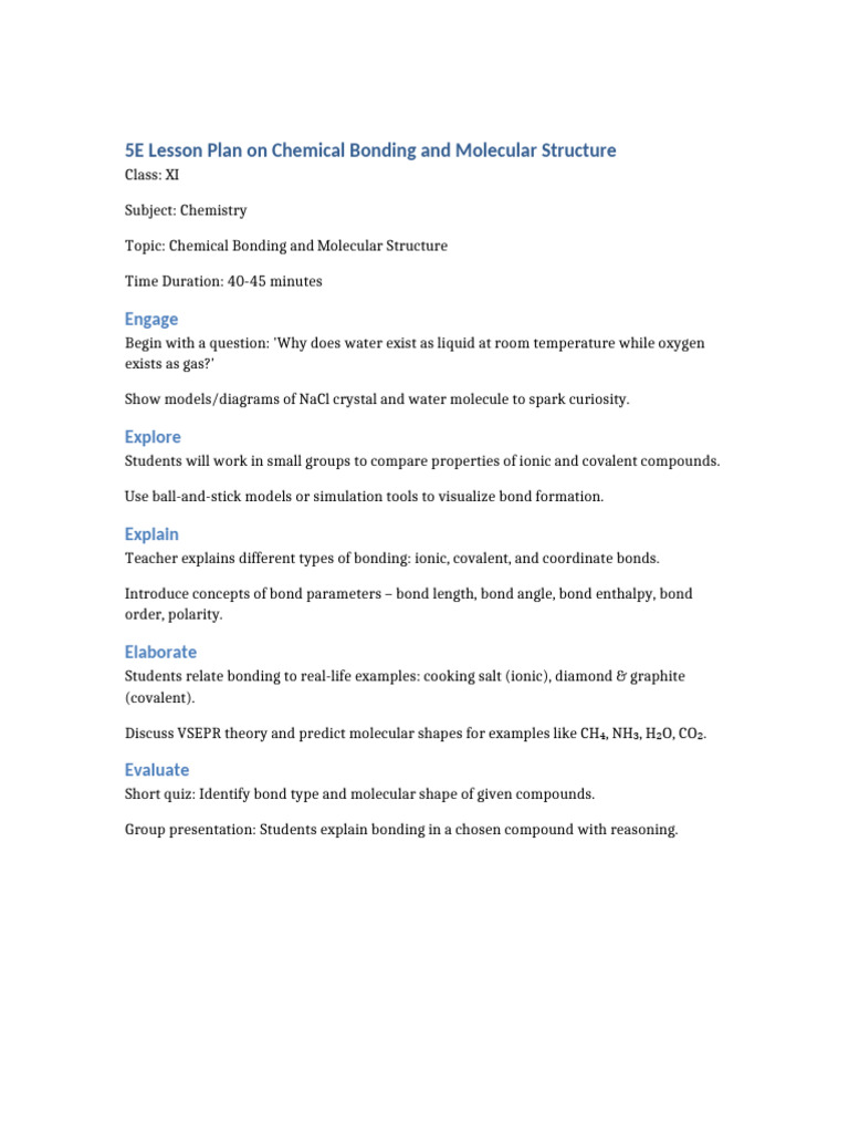 Chemical Bonding Lesson Plan for XI | PDF