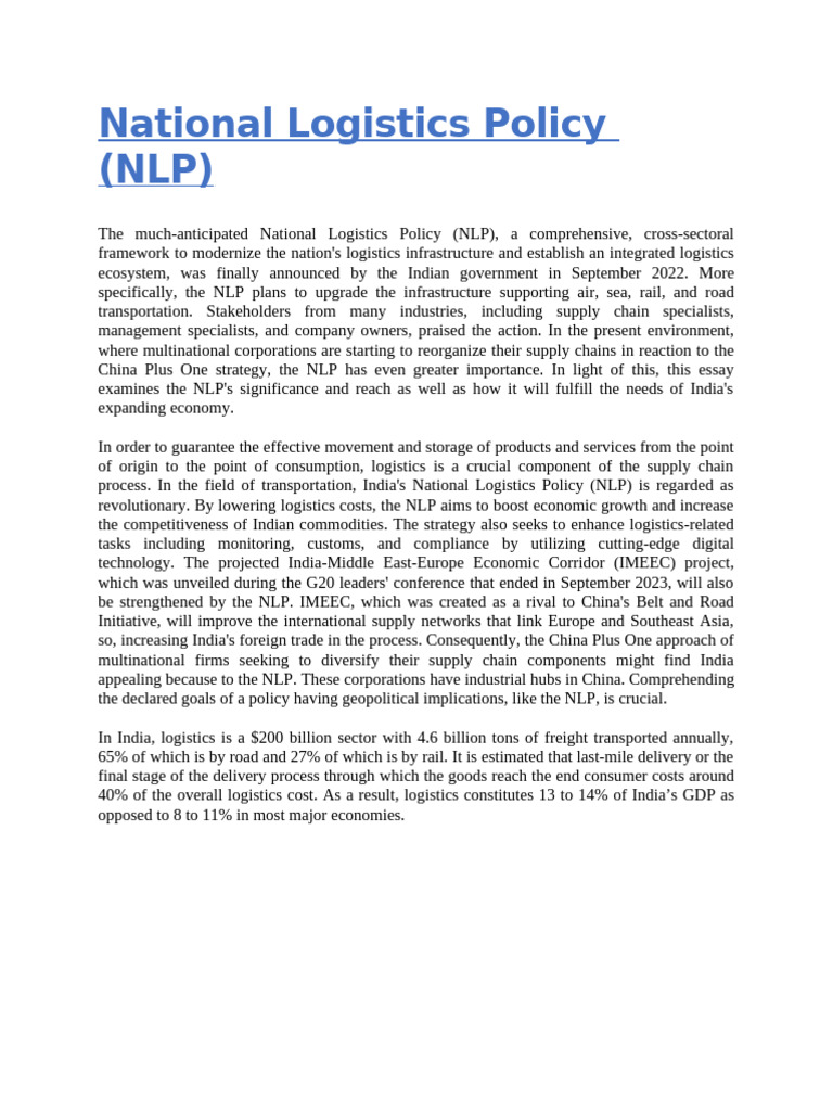 National Logistics Policy | PDF | Logistics | Supply Chain
