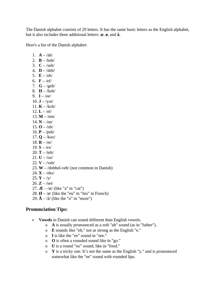 Danish Alphabet and Pronunciation Guide | PDF