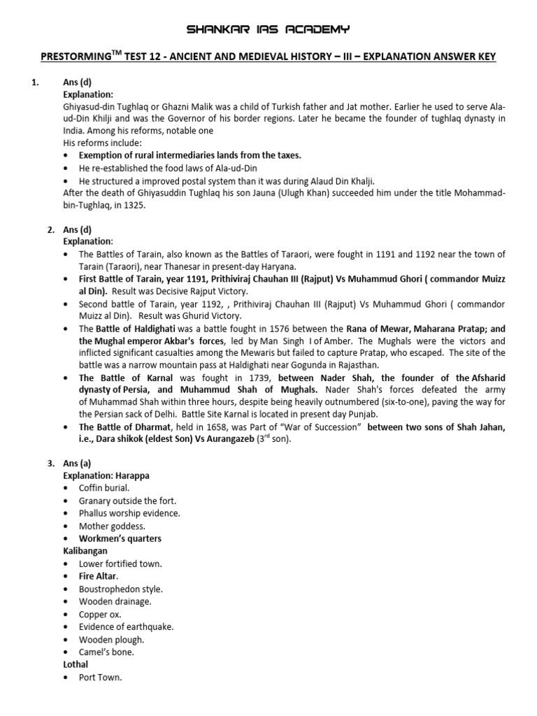 Final - Test 12 - Ancient and Medieval History - III - Answer Key | PDF