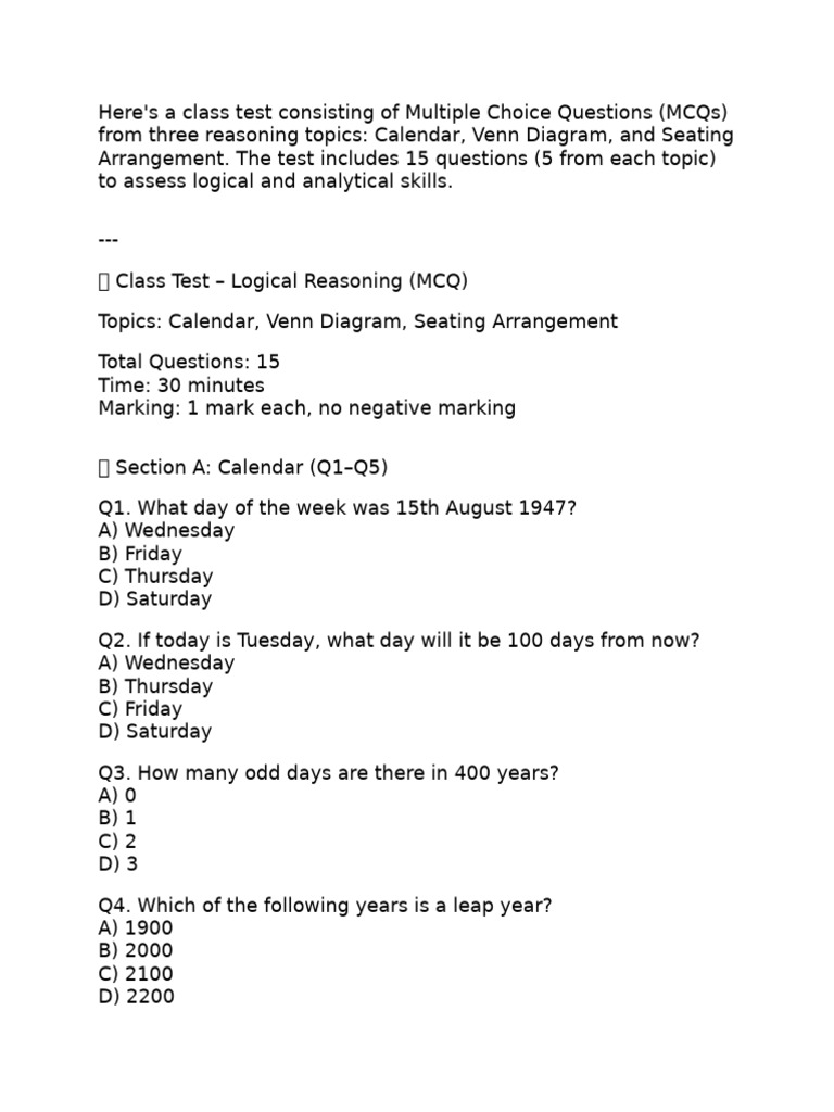 Logical Reasoning MCQ Class Test | PDF | Multiple Choice