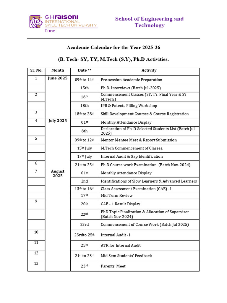 2025-26 Engineering Academic Calendar | PDF