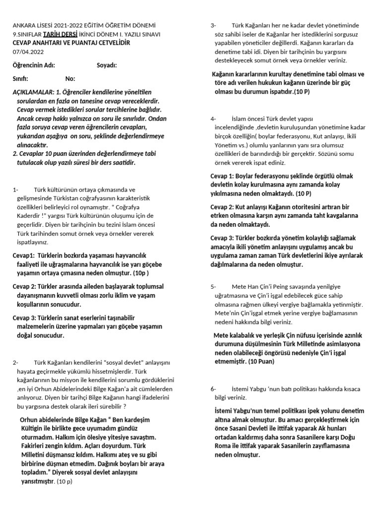 9 Tarih Cevap Anahtarı | PDF