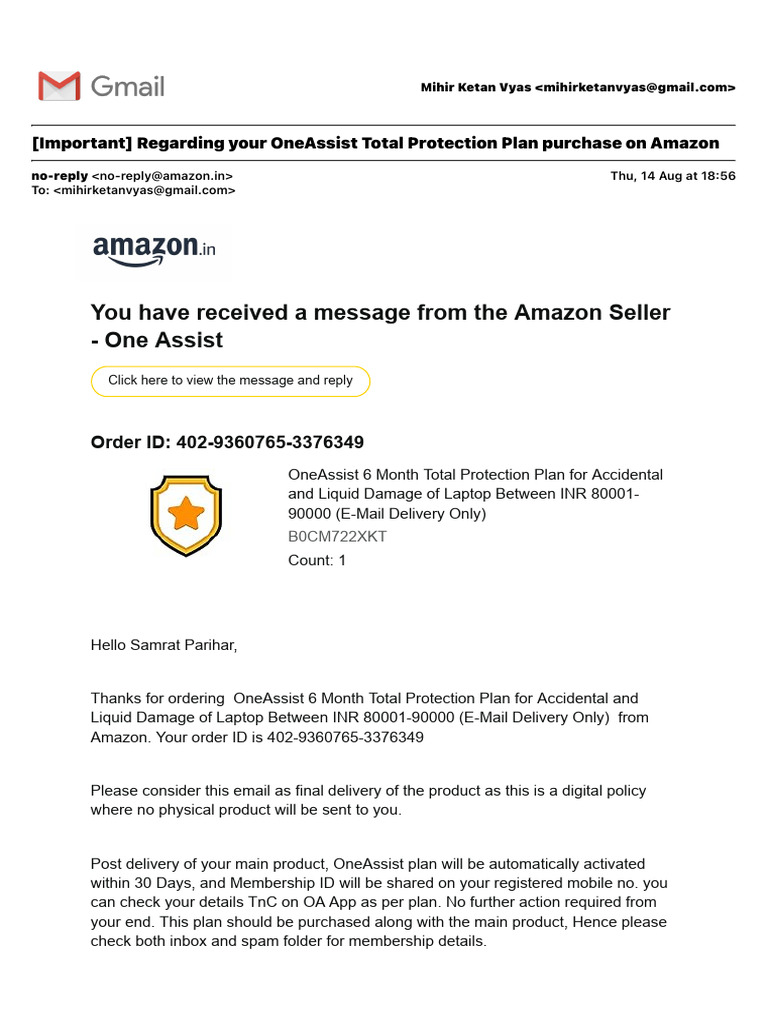 (Important) Regarding Your OneAssist Total Protection Plan Purchase On ...