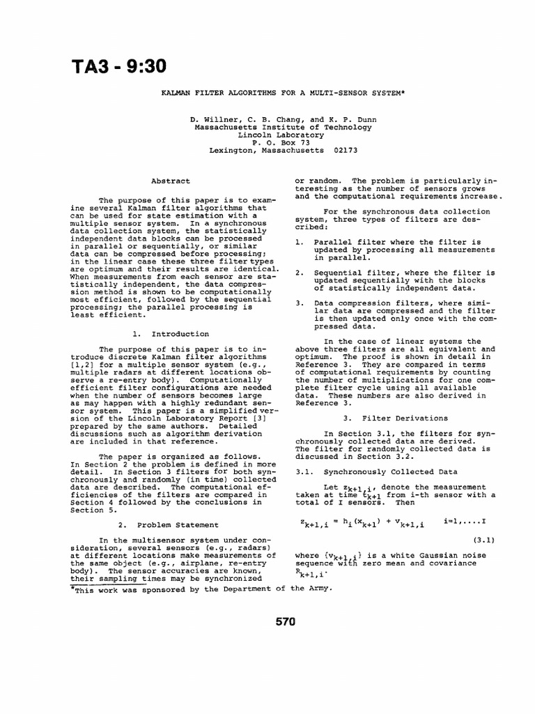 Kalman Filter Algorithms For A Multi Sensor System Pdf Kalman Filter Applied Mathematics