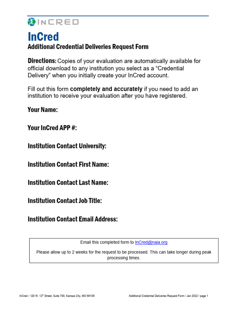 InCred Additoinal Credential Deliveries Request Form. | PDF