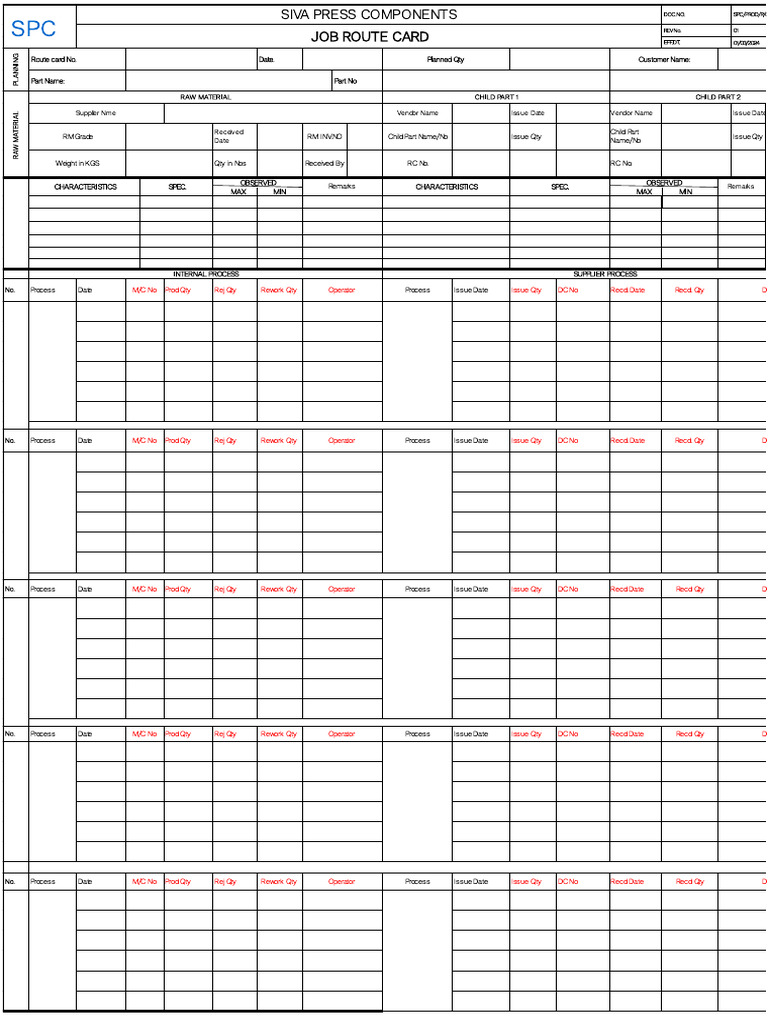 Siva Press Components Job Route Card | PDF