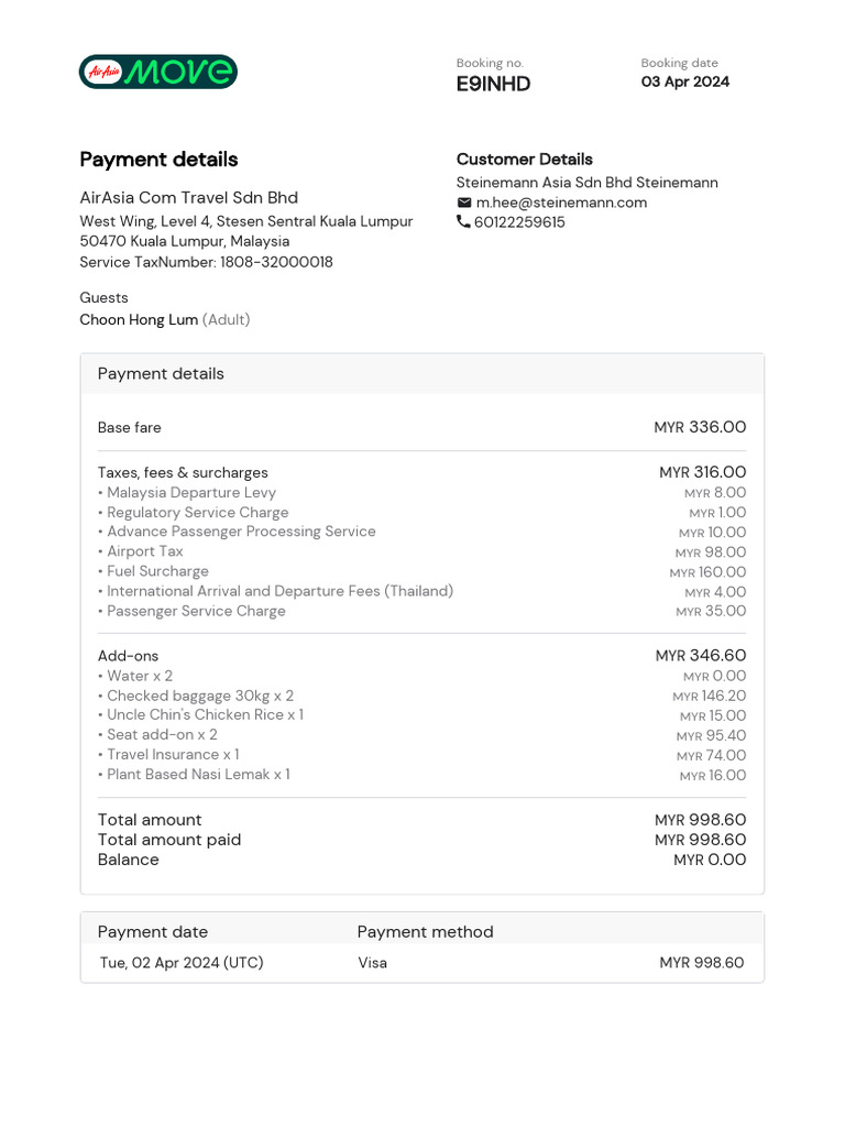 Invoice KUL DMK 04-04-2024 93617271507 Marvin BKK Metro | PDF | Fee ...