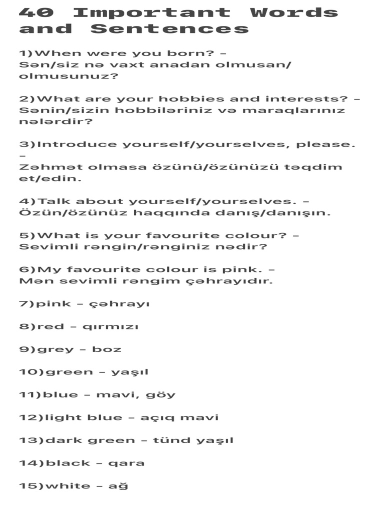 40 Important Words and Sentences | PDF