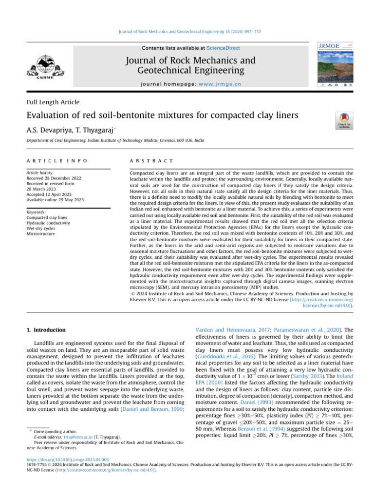 Evaluation of red soil bentonite mixtures for compacted clay liners ...