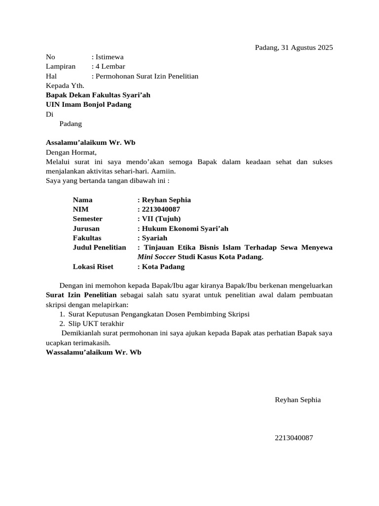 Surat Permohonan Penelitian Skripsi | PDF