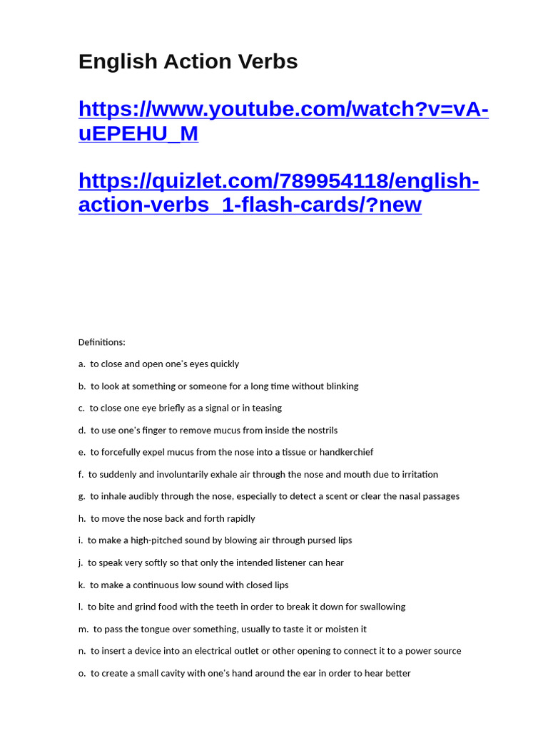 English Action Verbs - Keys | PDF | Human Nose