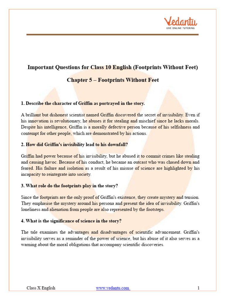 Important Questions Class 10 English Footprints Without Feet Chapter 5 | PDF