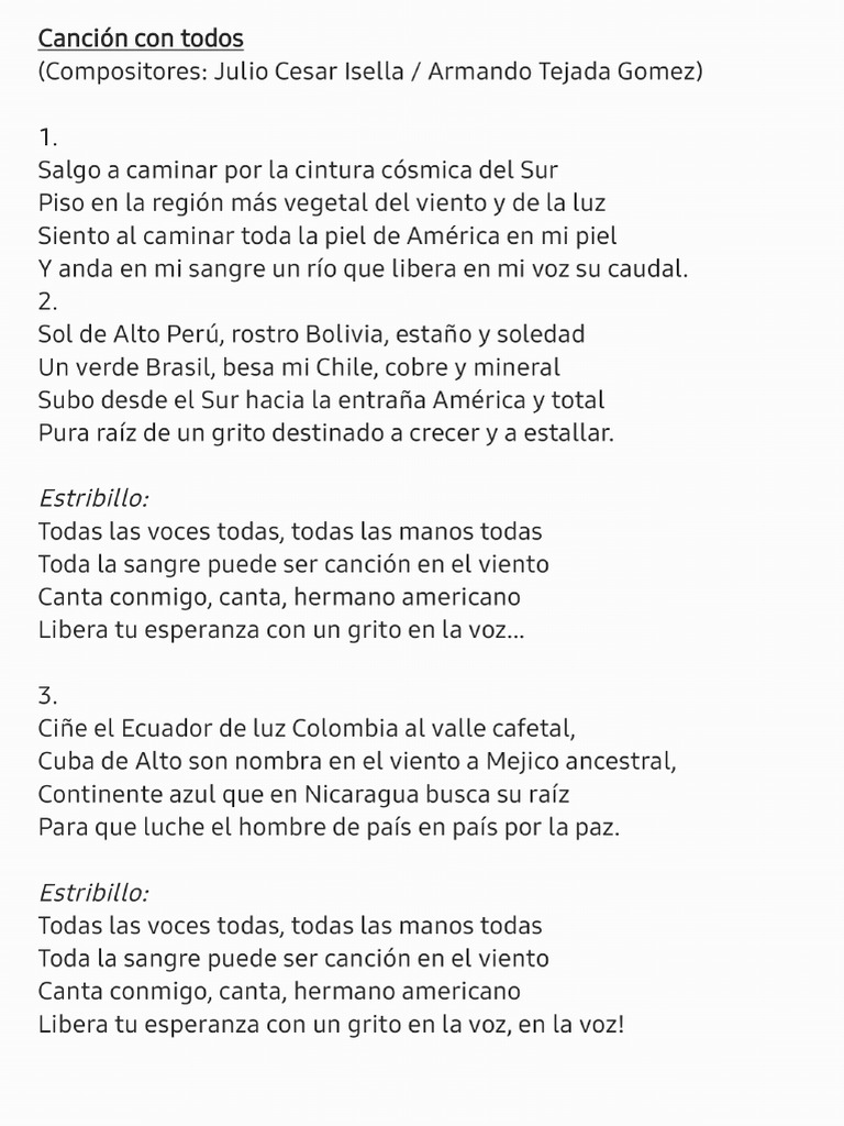 Cancion Con Todos Letra | PDF