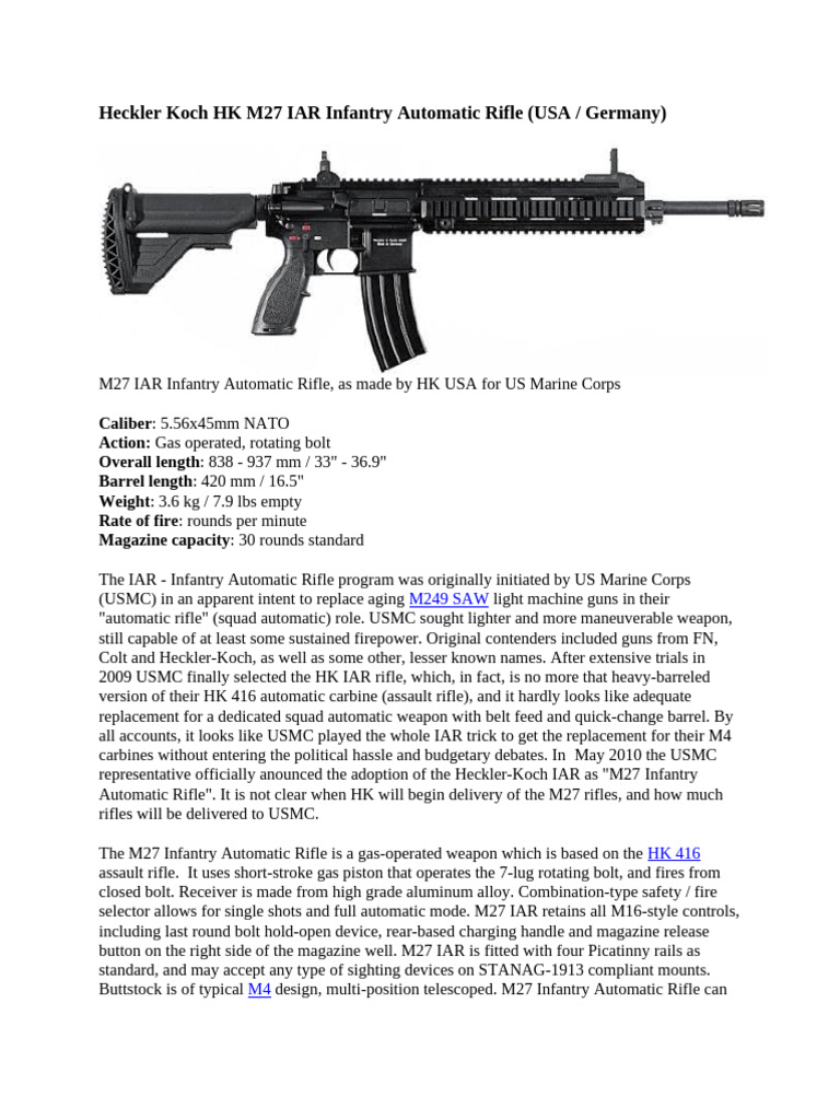 Heckler Koch HK M27 IAR Infantry Automatic Rifle | PDF