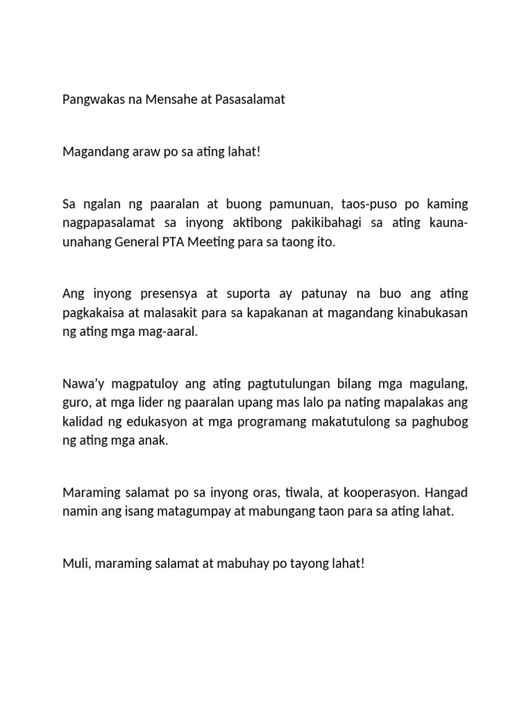 Pangwakas Na Mensahe at Pasasalamat General Pta | PDF