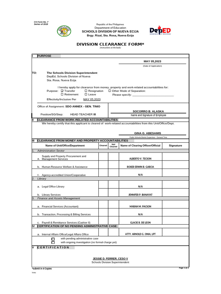 Nueva Ecija Division Clearance Form | PDF | Business