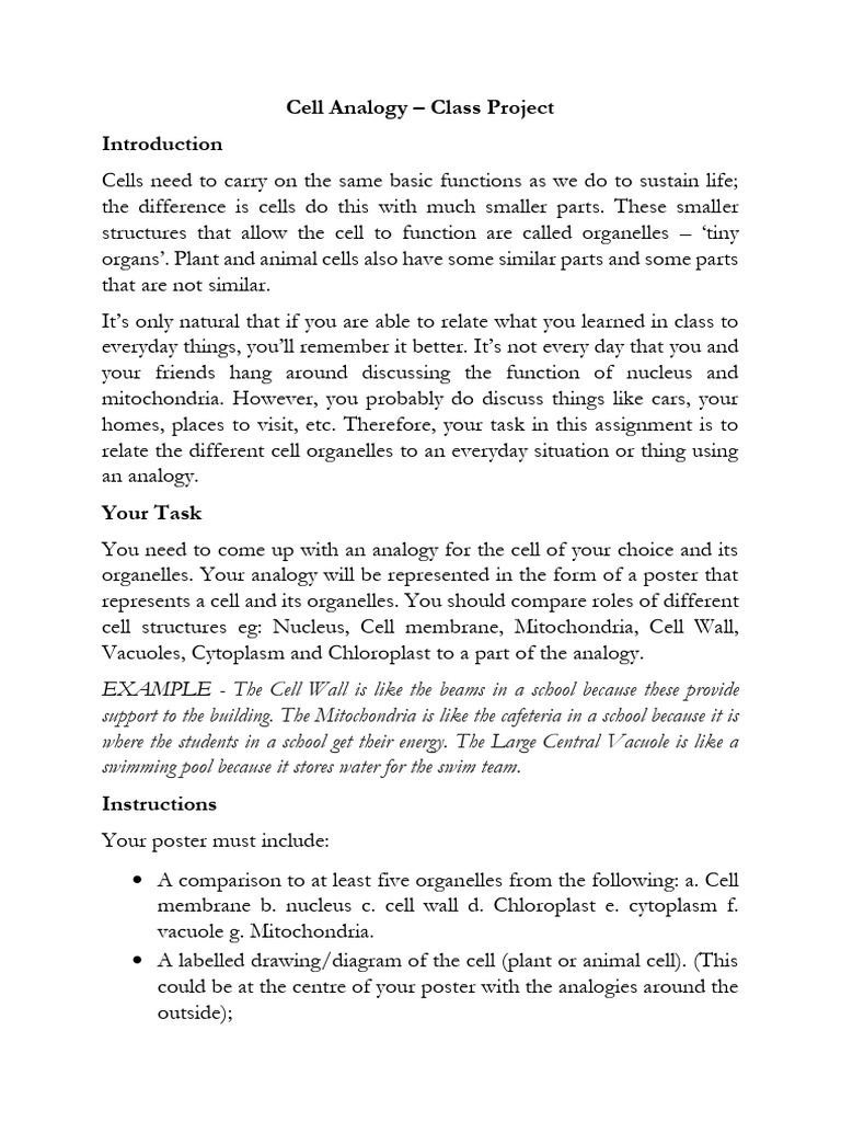 Analogy Project for a Cell PDF | PDF | Cell (Biology) | Organelle