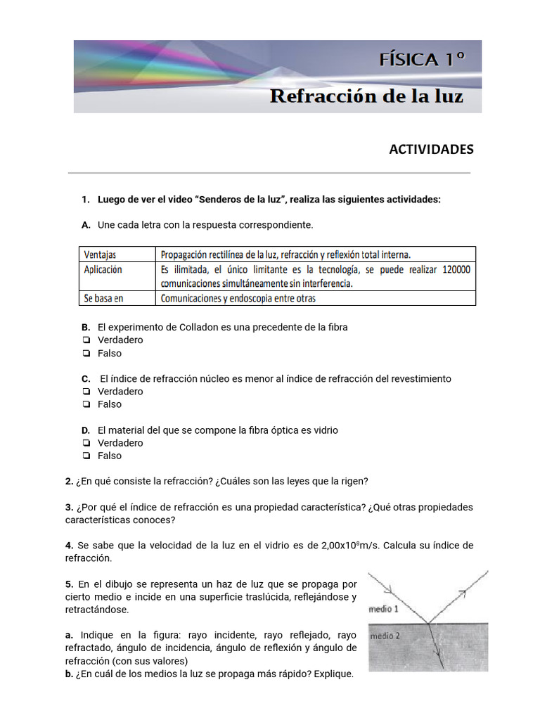 Refracción+de+La+Luz+ +ejercicios | PDF | Refracción | Índice de refracción