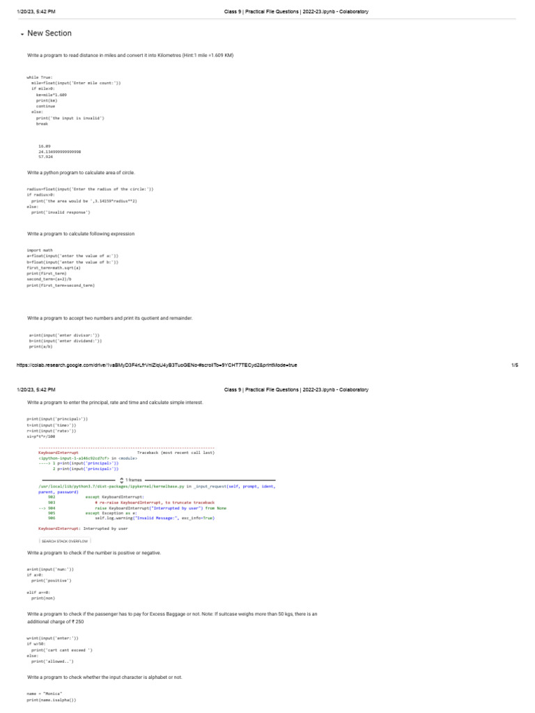 Class 9 - Practical File Questions - 2022-23.ipynb - Colaboratory | PDF | Division (Mathematics ...
