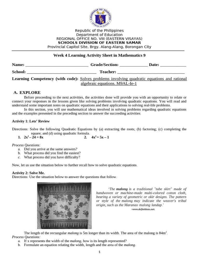 Learning Activity Sheet in Mathematics 9 Week 4 | PDF | Equations ...
