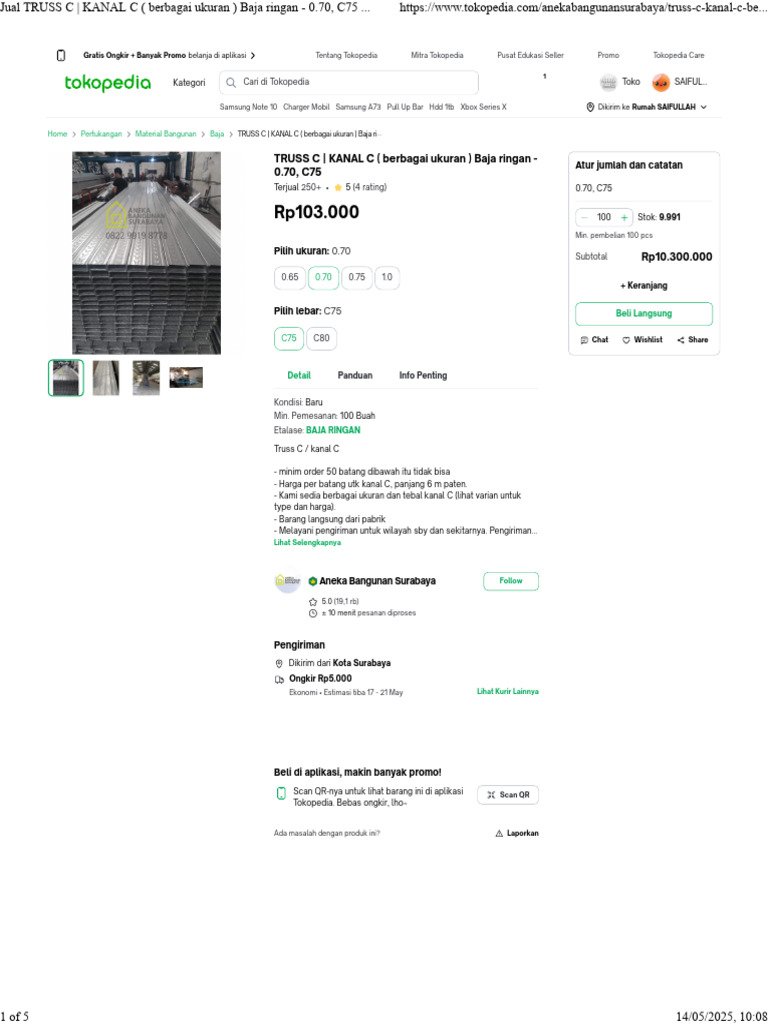 Jual TRUSS C _ KANAL C ( Berbagai Ukuran ) Baja Ringan - 0.70, C75 - Kota Surabaya - Aneka ...