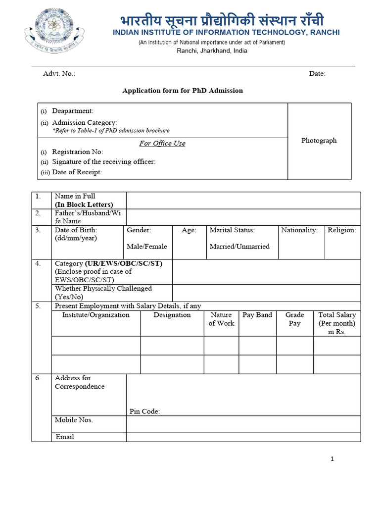 Application Form Ph D Admission Pdf