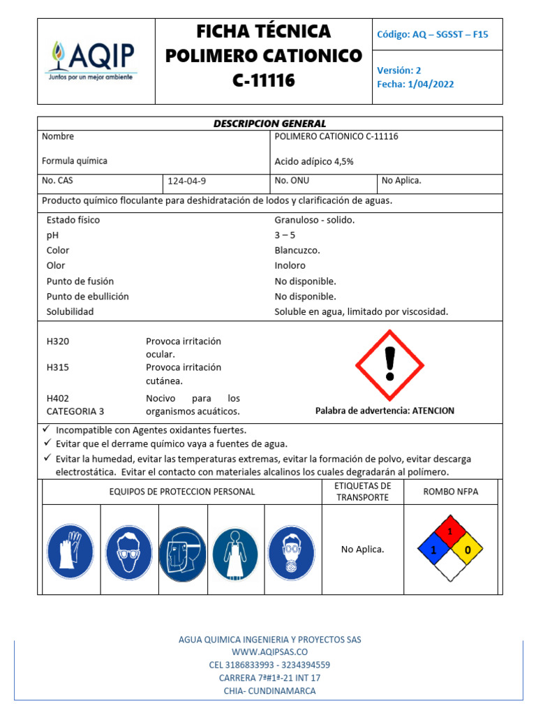 Polímero Cationico C-11116: Ficha Técnica | PDF | Agua | Química Física