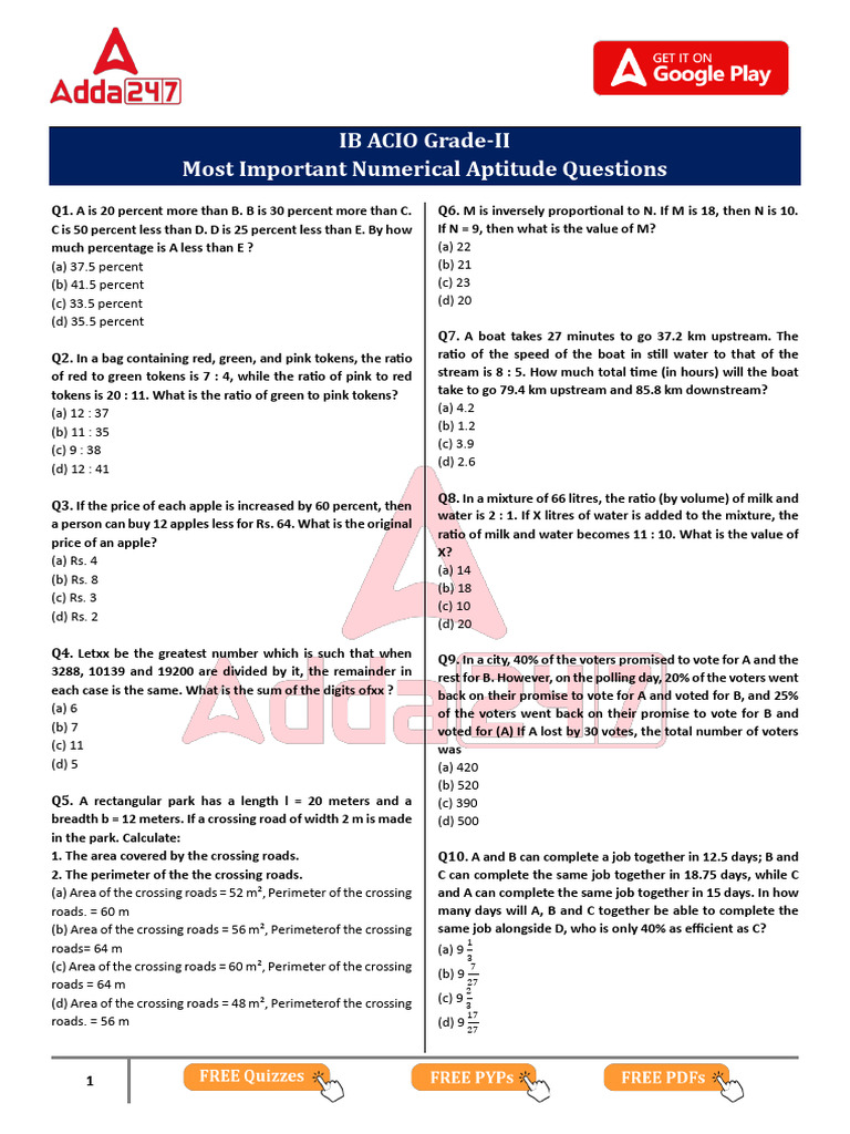 200 Numerical Aptitude Questions For IB ACIO Exam 2025 - 12477 | PDF | Interest | Discounting