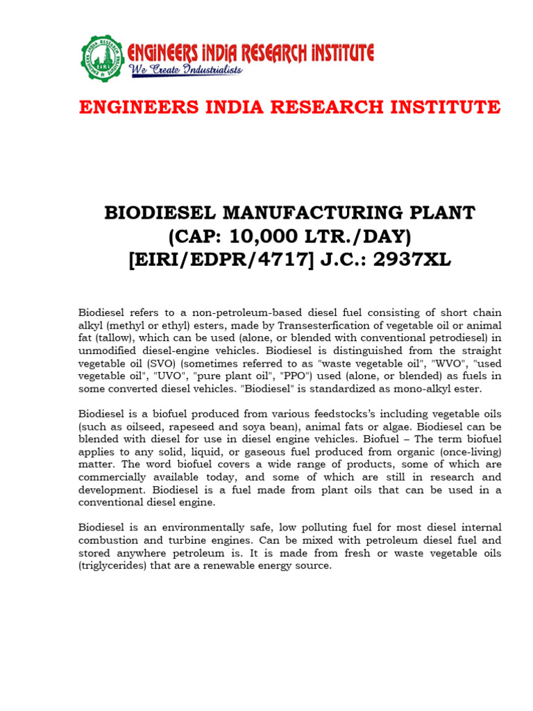 Biodiesel Manufacturing Plant Overview | PDF | Biodiesel | Vegetable Oil