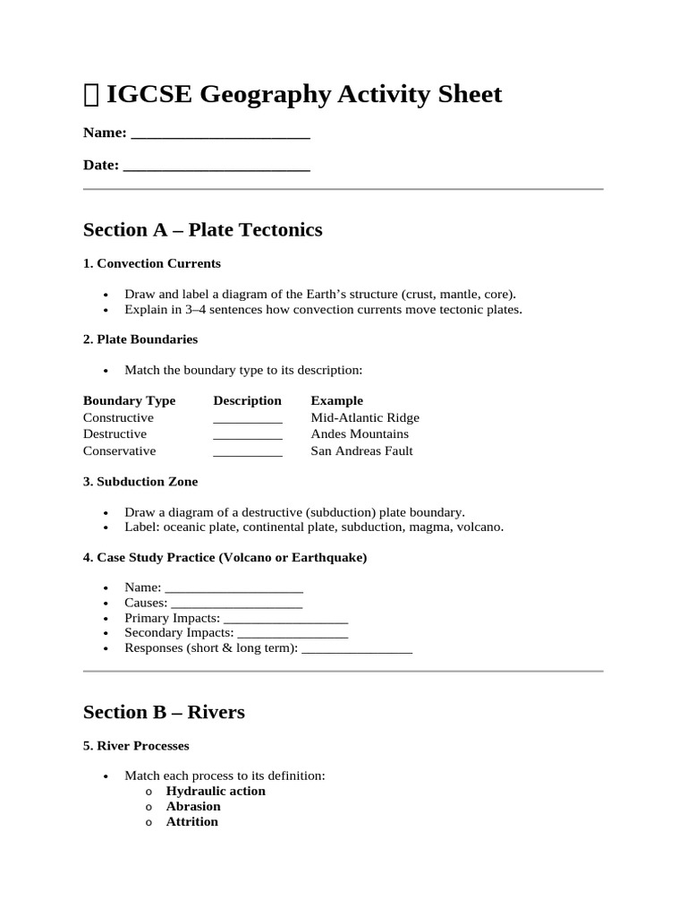 IGCSE Geography Activity Sheet Guide | PDF | Plate Tectonics | Erosion