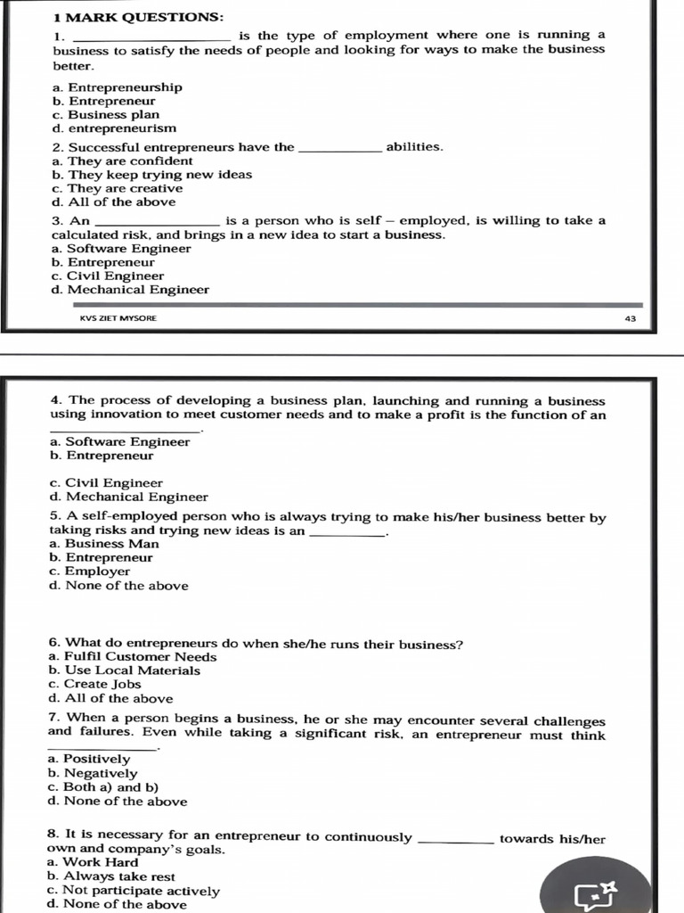 Essential Entrepreneurship Quiz Questions | PDF | Entrepreneurship ...