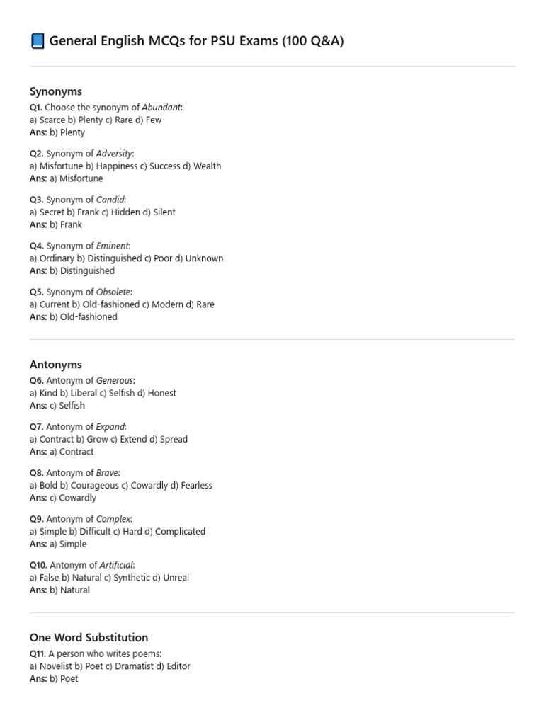 English 100 MCQ | PDF