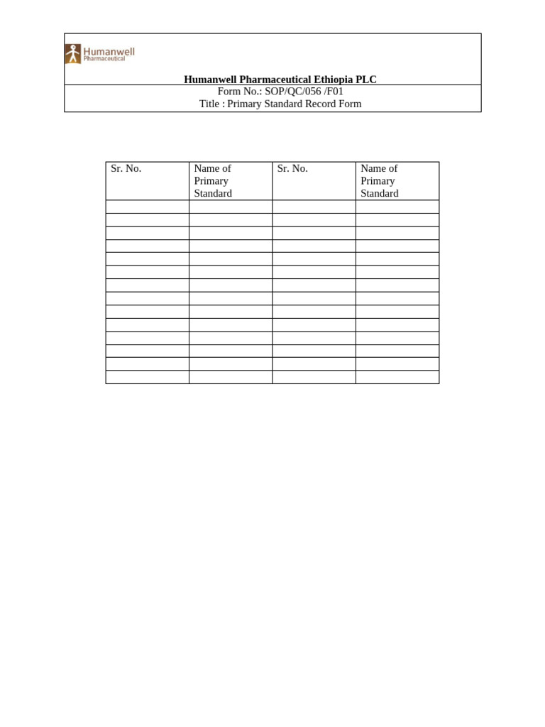 Primary Standard Record Form | PDF