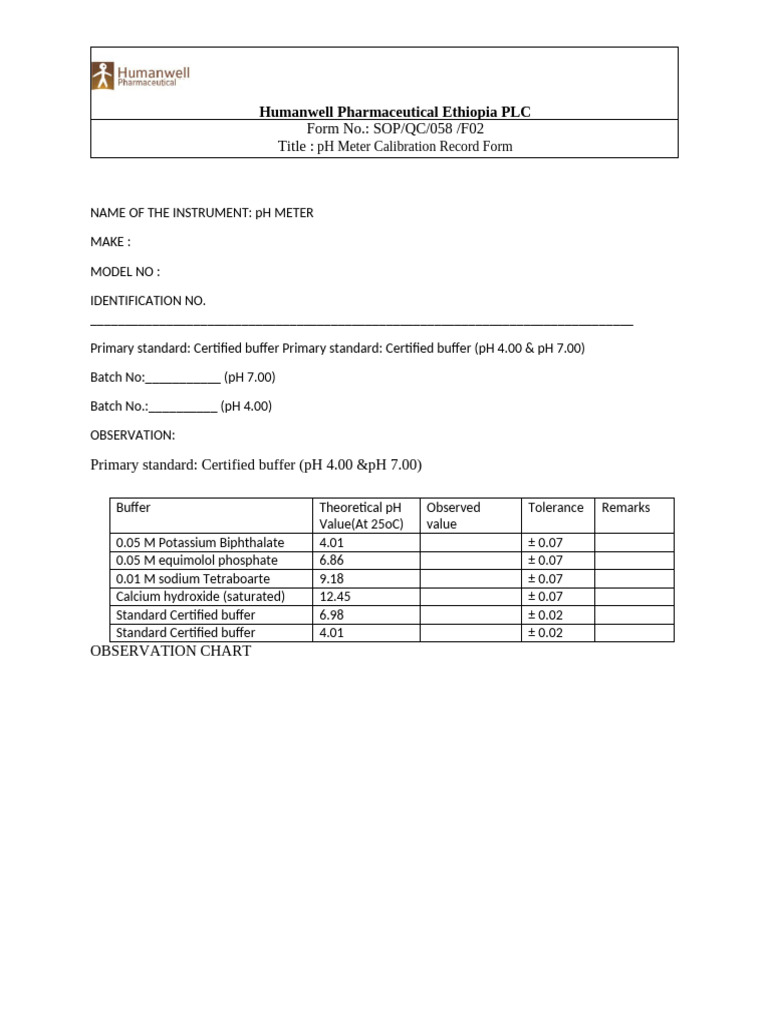 pH Meter Calibration Record Form | PDF