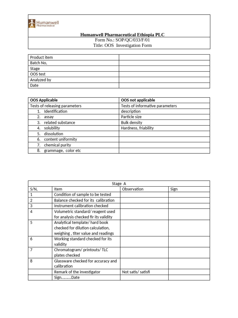 OOS Investigation Form | PDF