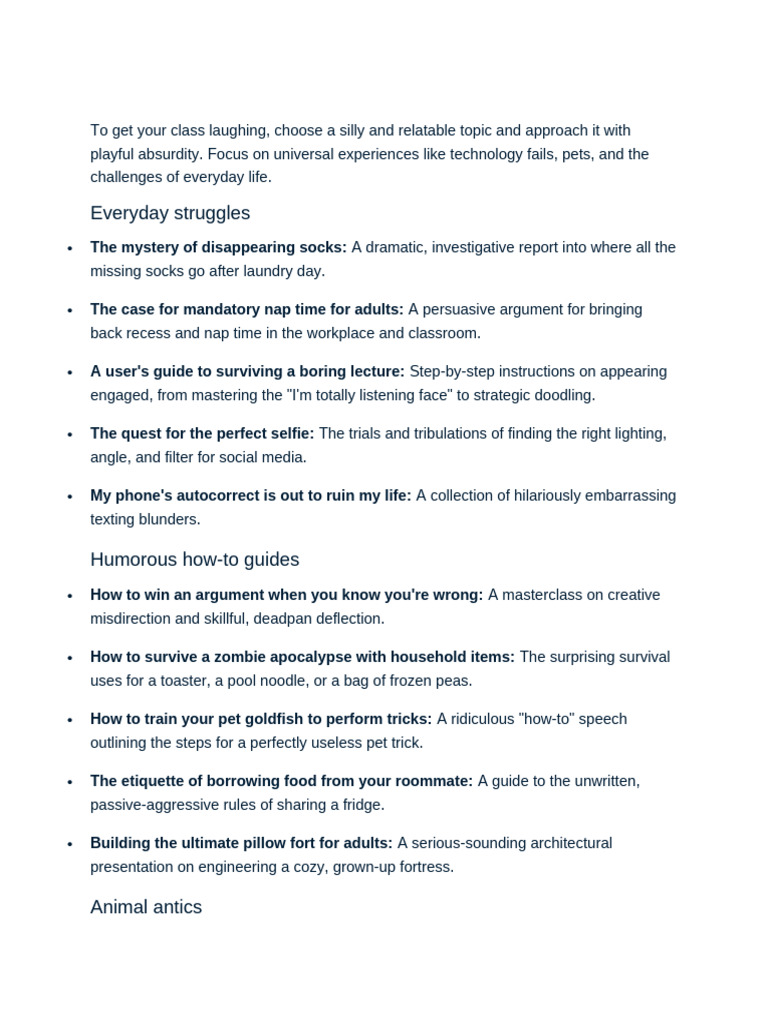 Silly Speech Topics To Get The Class Laughng | PDF
