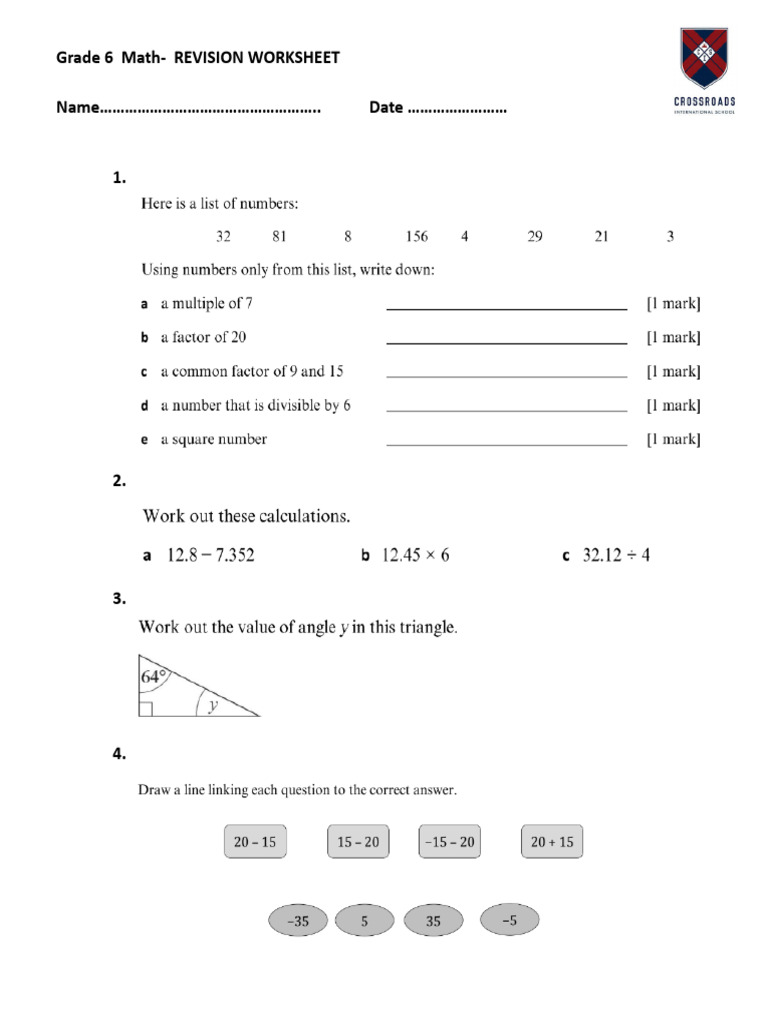 Grade 6 Math Revision Worksheet | PDF