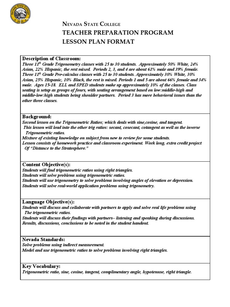 11th Grade Trigonometry Lesson Plan | PDF | Trigonometric Functions ...