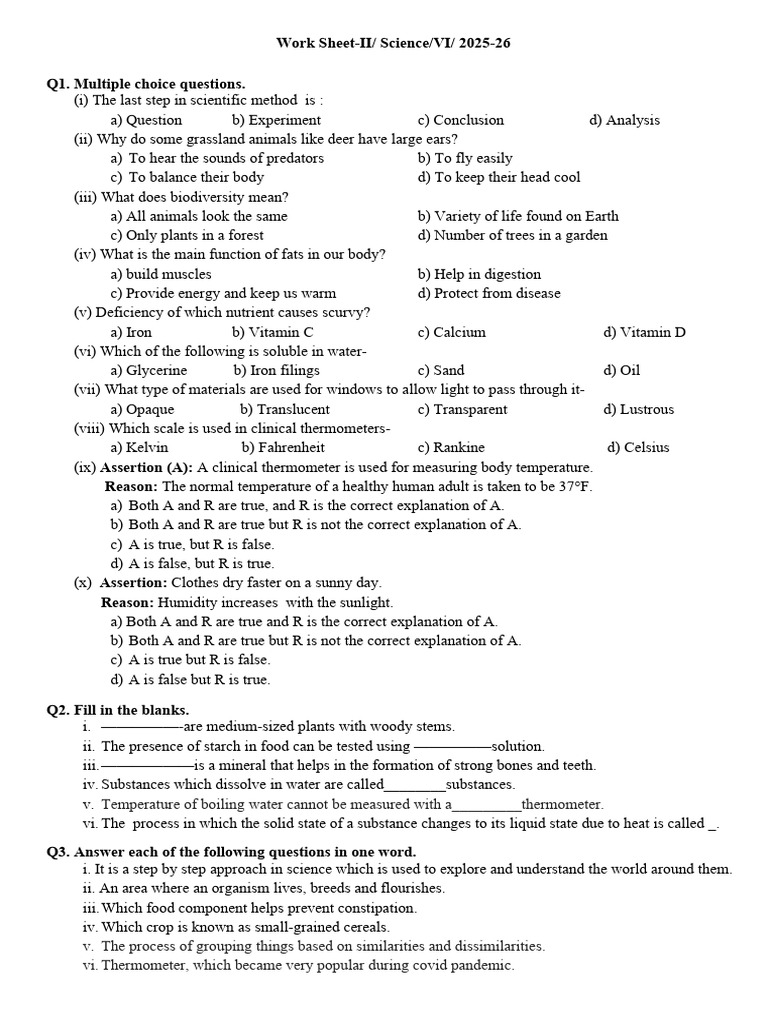 Class 6 Science Worksheet 2025-26 | PDF | Thermometer | Temperature