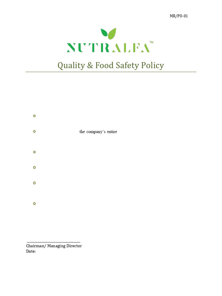 Quality & Food Safety Commitment Policy | PDF