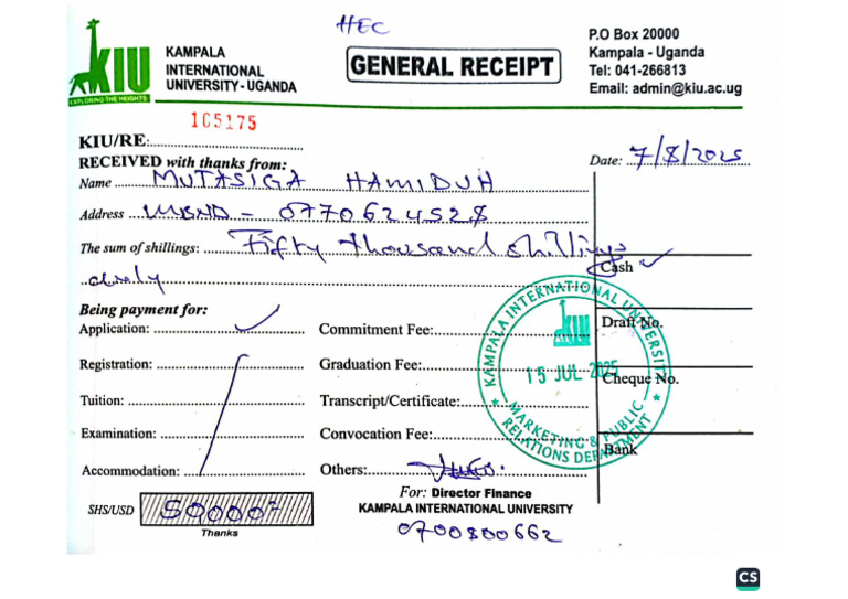 Hamidah Kiu Admission Receipt | PDF